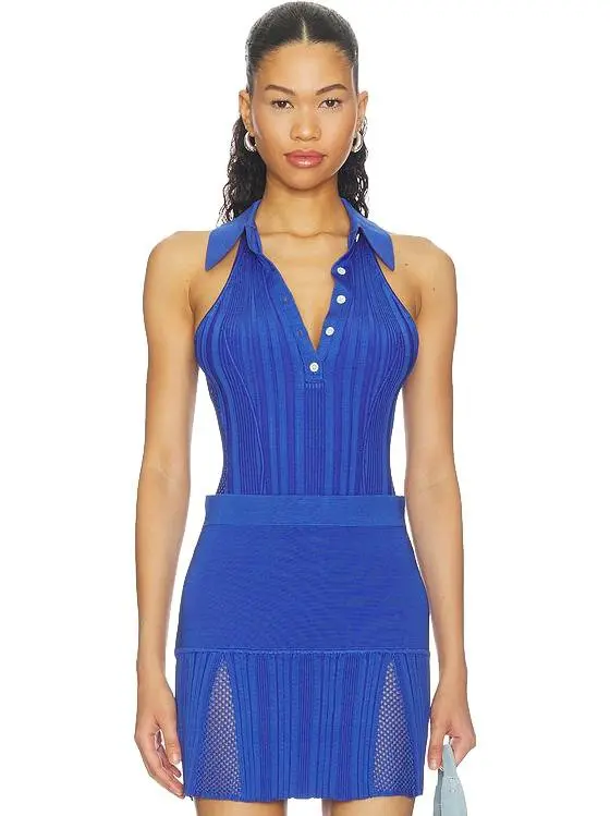 FLEUR DU MAL Rib Polo Halter Neck Bodysuit In . Also - Blue