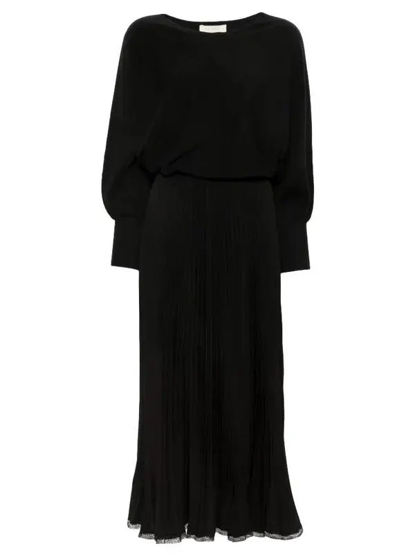 TWINSET Pleated Lace-trim Midi Dress - Black