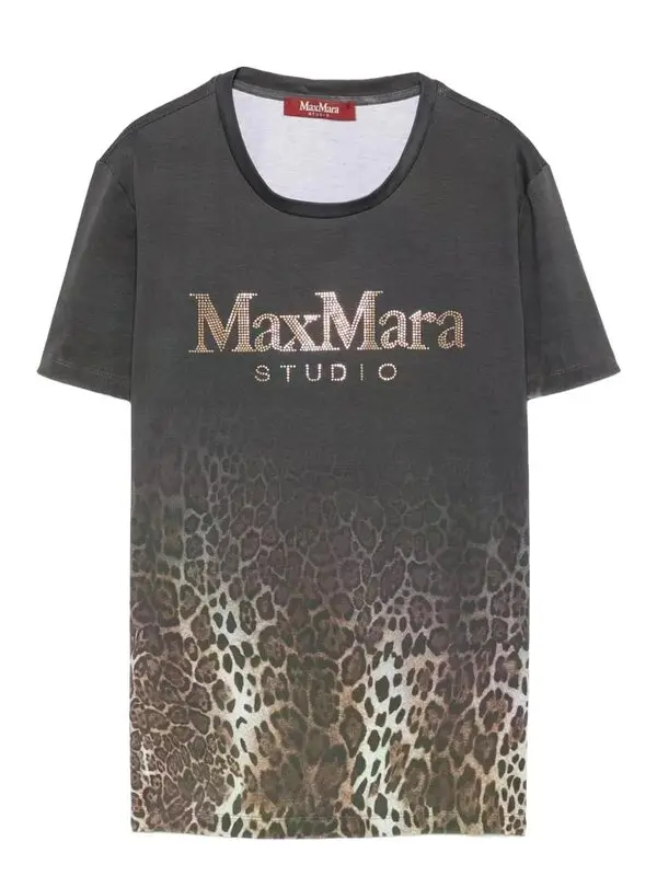 Max Mara Quieto Leopard-print Rhinestone-logo T-shirt - Grey