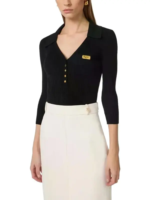 Elisabetta Franchi Micro‑braided Ribbed‑knit Polo Top - Black