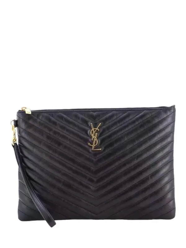 Saint Laurent Classic Monogram Wristlet Pouch Matelasse Chevron Leather Medium Clutch Bag - Black