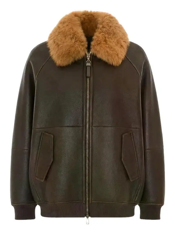 Brunello Cucinelli Shearling-collar Leather Jacket - Brown