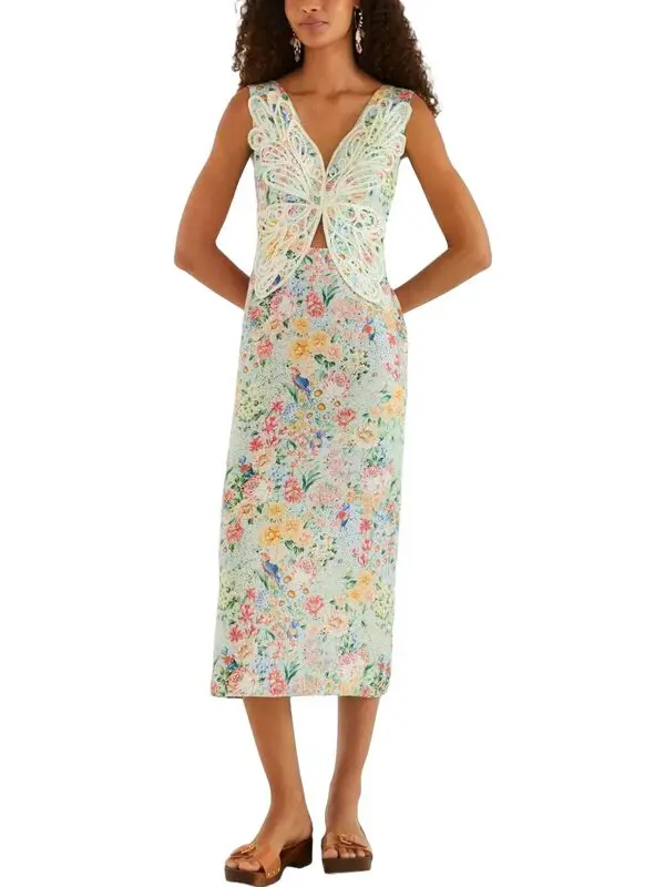 Farm Rio Rendeira Butterfly-appliqué Floral-print Midi Dress - Blue