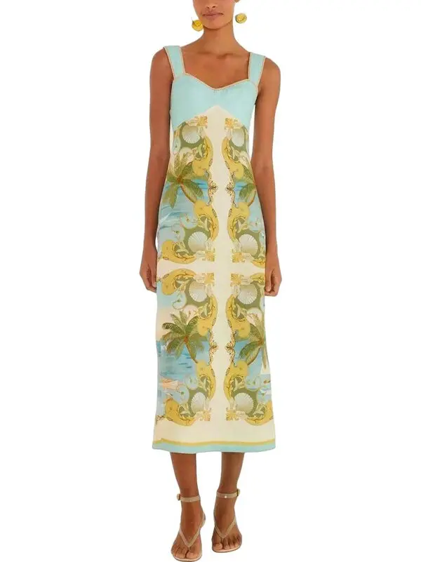 Farm Rio Royal Sea Tropical-print Sleeveless Midi Dress - Neutrals
