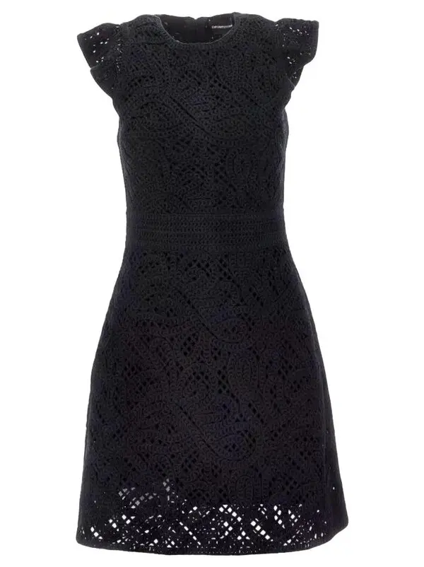 Emporio Armani Crochet-knit Ruffled Mini Dress - Black