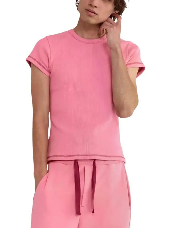 SANDERLAK Ribbed-knit Contrast-stitch T-shirt - Pink