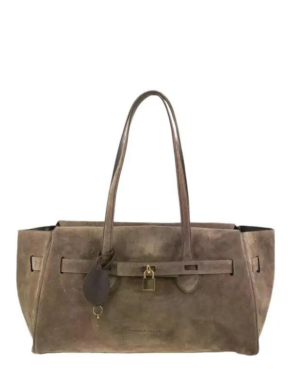 Brunello Cucinelli Padlock-detail Suede Shoulder Bag - Neutrals