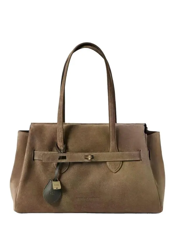 Brunello Cucinelli Suede Shoulder Bag With Padlock Detail - Neutrals
