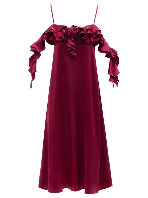 JNSQ (JE NE SAIS QUOI) Rosie Silk Ruffle Midi Dress - Red