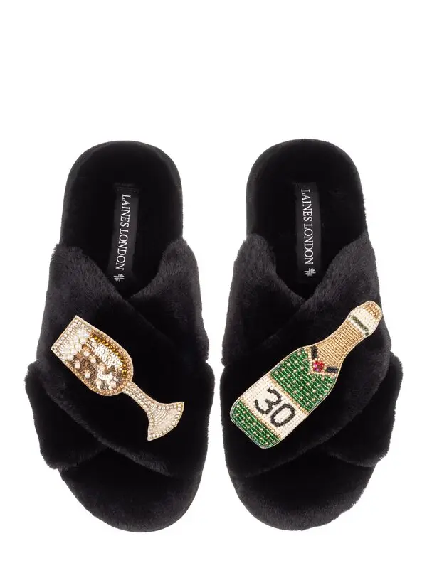 LAINES LONDON Classic Laines Slippers With Champagne & Glass 30th Birthday Brooches - Black