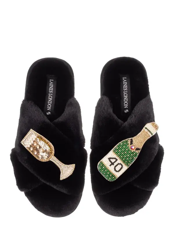 LAINES LONDON Classic Laines Slippers With Champagne & Glass 40th Birthday Brooches - Black