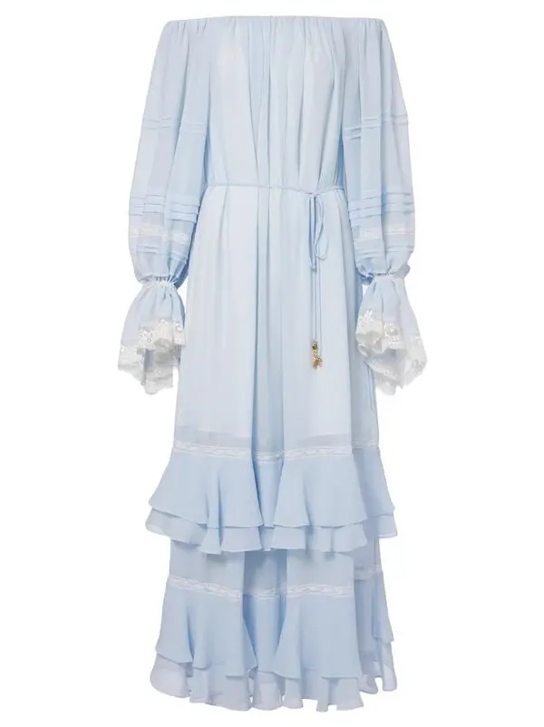 XU ZHI Ruffled Off-shoulder Lace-trimmed Maxi Dress - Blue