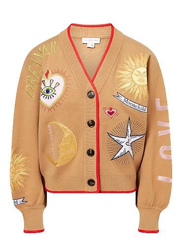NEVER FULLY DRESSED Mystical Embroidered Knitted Cardigan - Camel
