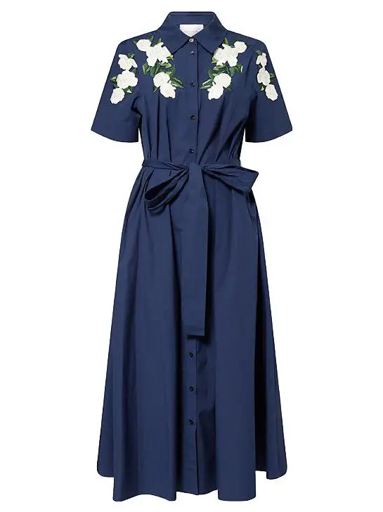 Carolina Herrera Floral-embroidered Short-sleeve Cotton-blend Midi Dress - Midnight