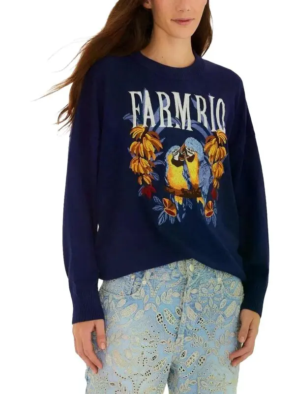 Farm Rio Love Birds Logo-embroidered Intarsia-knit Sweater - Blue