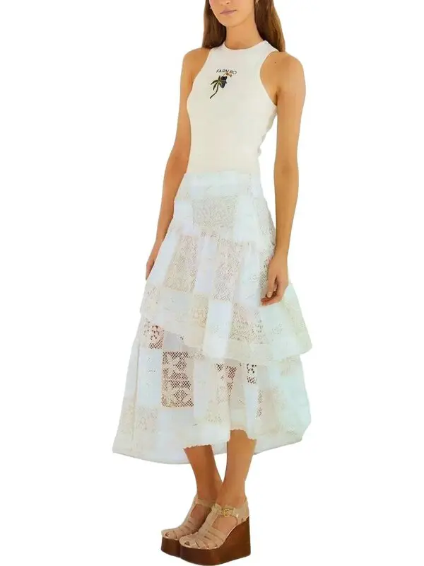 Farm Rio Patchwork-lace Tiered Midi Skirt - White