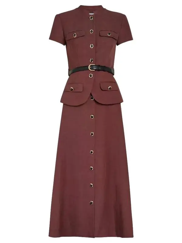 SELF-PORTRAIT Belted Peplum-waist Midi Dress - Brown