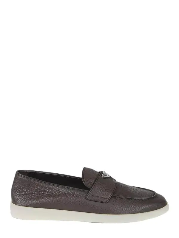 Prada Logo-plaque Pebbled-leather Loafers - Brown