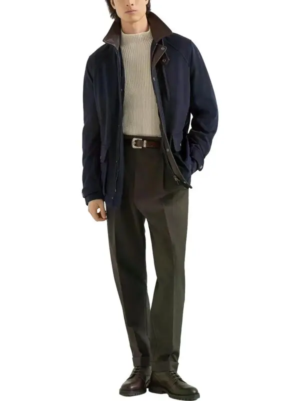Brunello Cucinelli Virgin Wool Cloth Field Jacket With Nappa Leather Inserts - Blue
