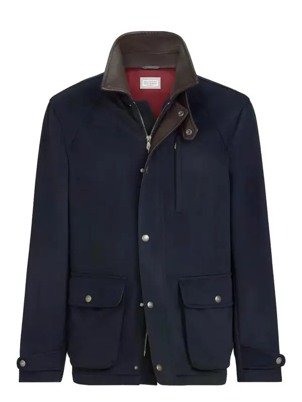 Brunello Cucinelli Virgin Wool Cloth Field Jacket With Nappa Leather Inserts - Blue