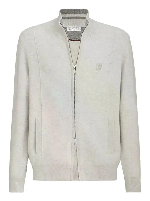 Brunello Cucinelli Cashmere Double Knit Cardigan With Zipper And Logo - Grey