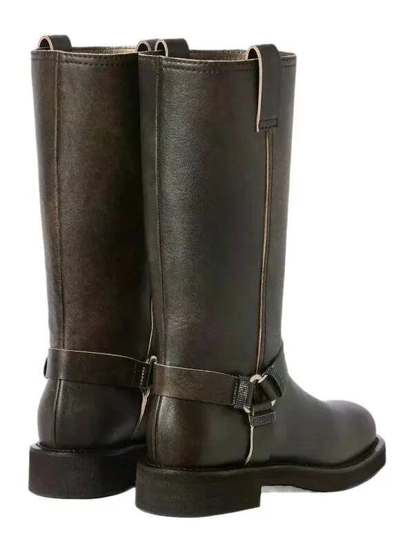 Brunello Cucinelli Leather Biker Boots With Shiny Loops - Brown