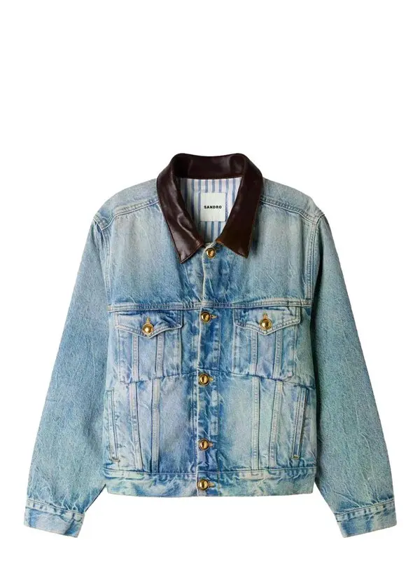 Sandro Leather-collar Button-up Denim Jacket - Blue