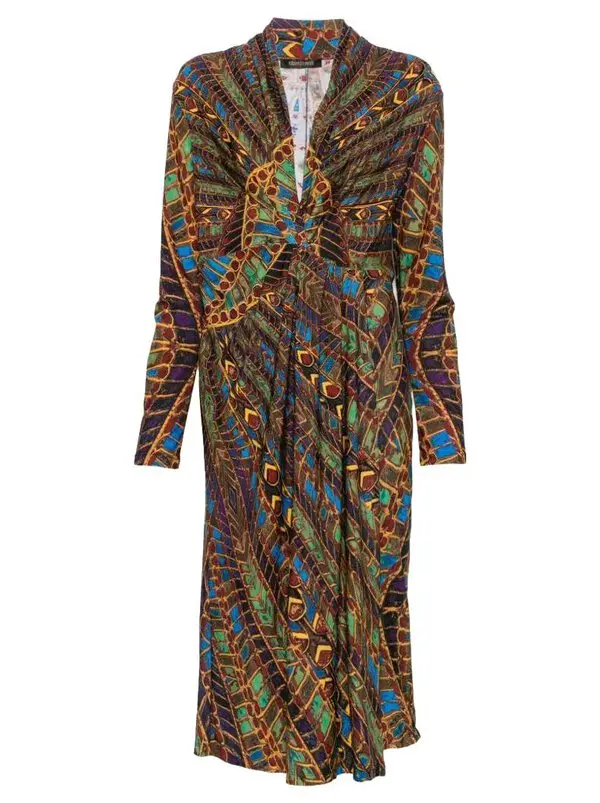 Roberto Cavalli 2000s Abstract-print V-neck Midi Dress - Brown