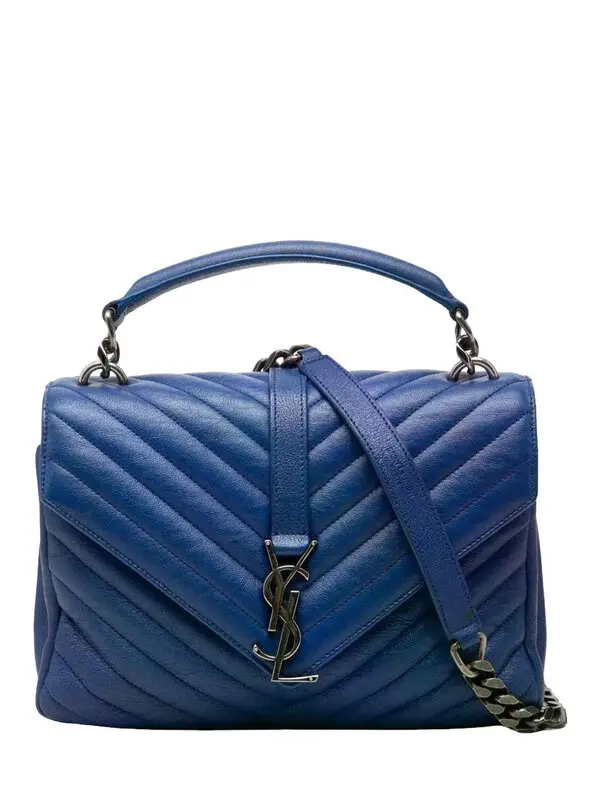 Saint Laurent 2015 Medium Quilted Chevron Sheepskin College Satchel - Blue