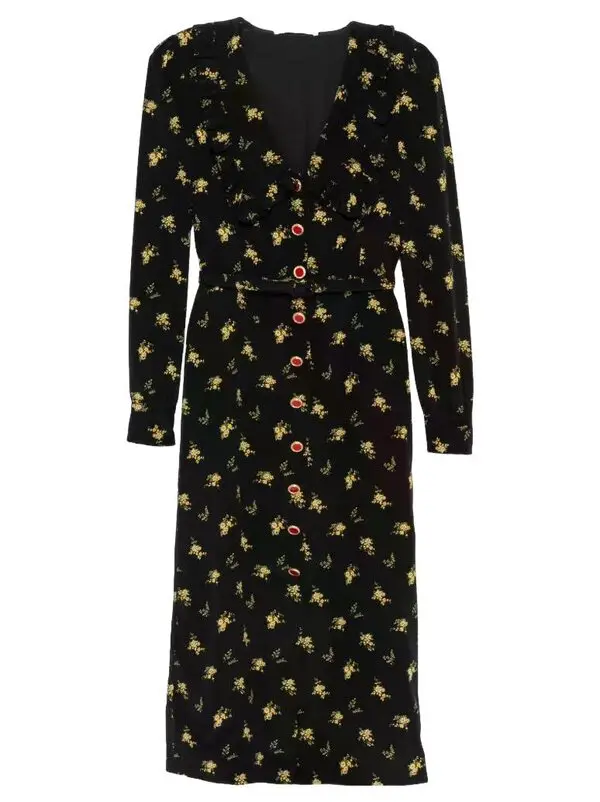 Alessandra Rich Floral-print Ruffled Midi Dress - Black