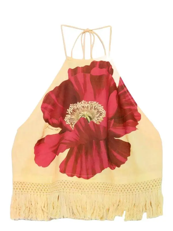 Farm Rio Poppy-print Fringe-trim Top - Yellow