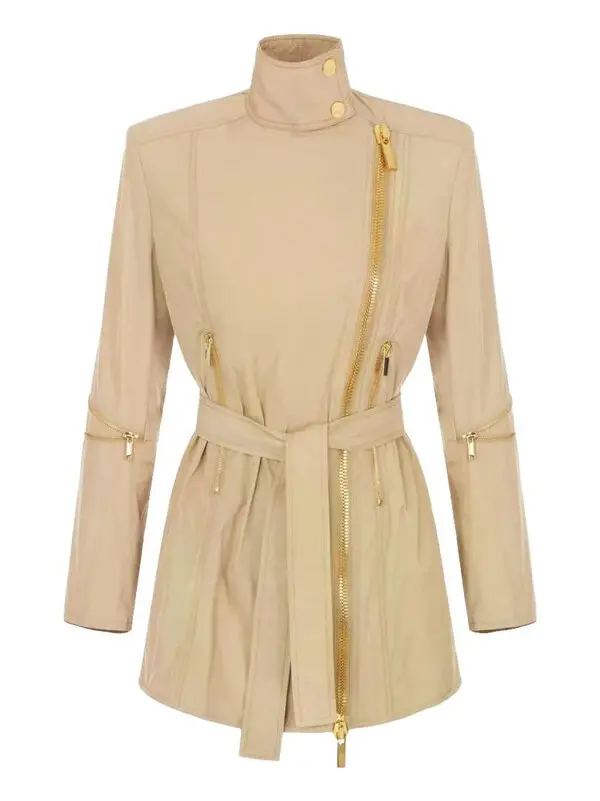 Elisabetta Franchi Taffeta Voile Jacket With Architectural Design And Golden Metal Zips - Neutrals