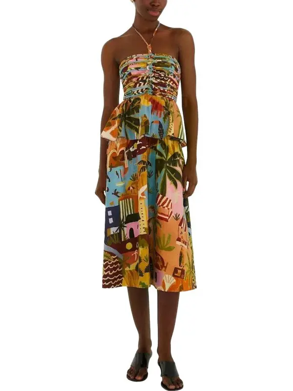 Farm Rio Tropical Painting Ruched Midi Dress - Neutrals