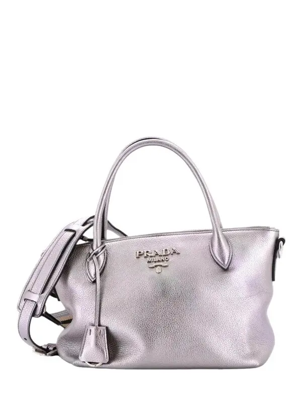 Prada Dual Strap Zip Tote Vitello Daino Small Shoulder Bag - Silver