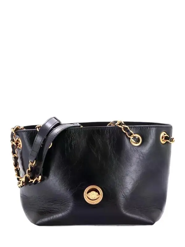 Versace Medusa Icon Chain Tote Leather Mini Bucket Bag - Black