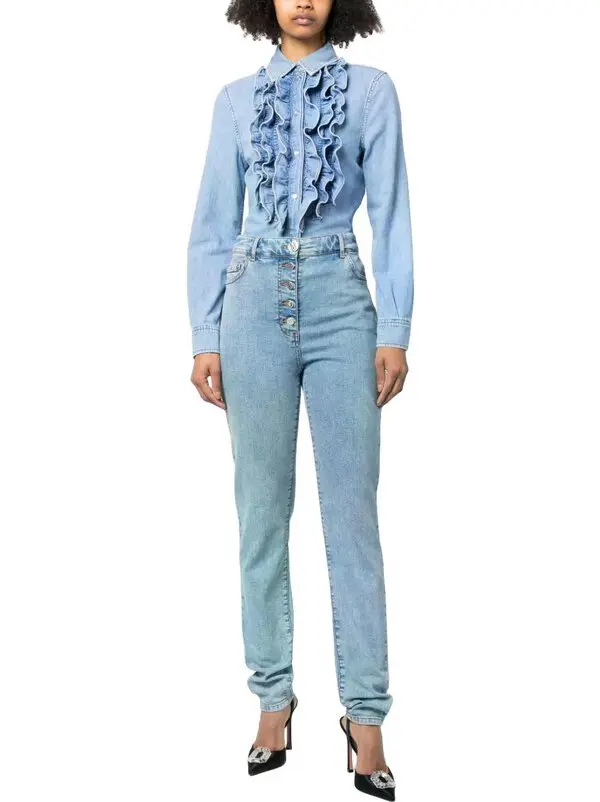 Moschino Ruffled Washed-denim Shirt - Blue