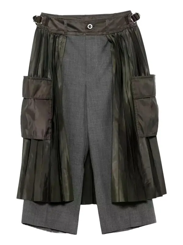 Sacai Pleated-overlay Cropped Trousers - Grey