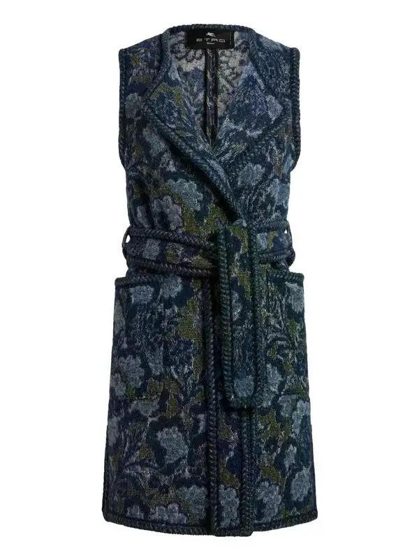 Etro Long Waistcoat In Cotton-blend Bouclé Jacquard With Floral Motif - Blue