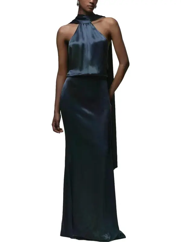 CAYET Lama Halterneck Draped-panel Maxi Dress - Blue