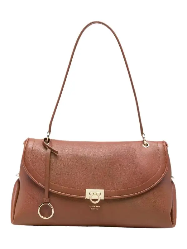 FERRAGAMO Gancini Pebbled Leather Tote Bag - Brown
