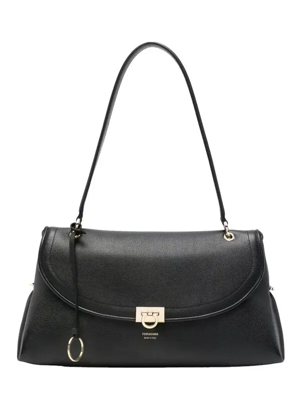 FERRAGAMO Gancini Pebbled Leather Tote Bag - Black