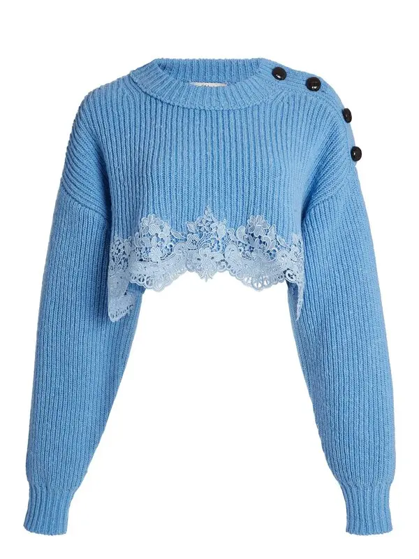 Chloé Lace-trimmed Wool Cropped Sweater - Blue