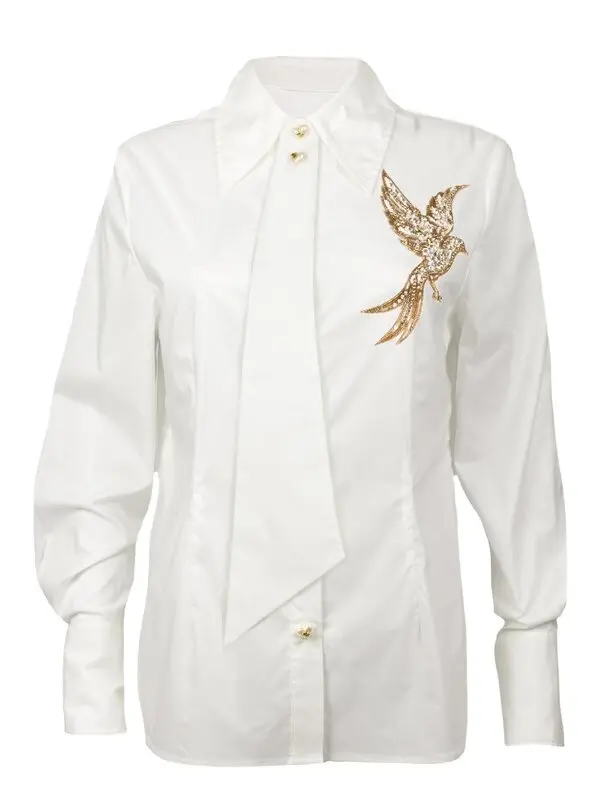 HOUSE OF LAINES LONDON Laines Couture Tie Shirt With Embellished Bird Of Paradise - White