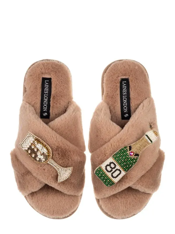 LAINES LONDON Neutrals Classic Laines Slippers With Champagne & Glass 80th Birthday Brooches Toffee - Brown