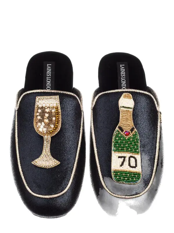 LAINES LONDON Black / Gold Classic Mules With Milestone 70th Birthday Champagne Brooches Black & Gold - Black/gold