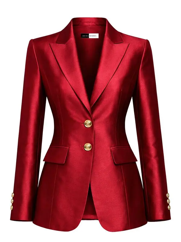 RICHA SHARMA Handcrafted Pure Silk Blazer In Deep Valentines Collection Luxury Tailoring - Red