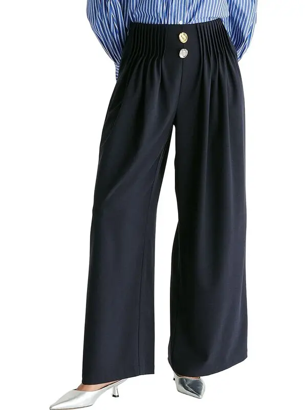 PAISIE Wide Leg Trousers With Pleated Waist Detail In Navy - Blue