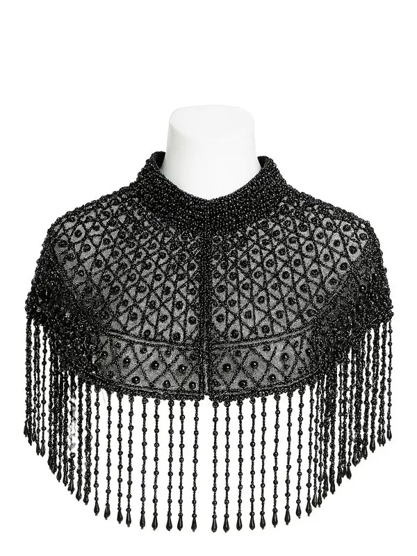 RICHA SHARMA Handmade Beaded Cape Shawl Pearl Fringe Evening Wear - Black