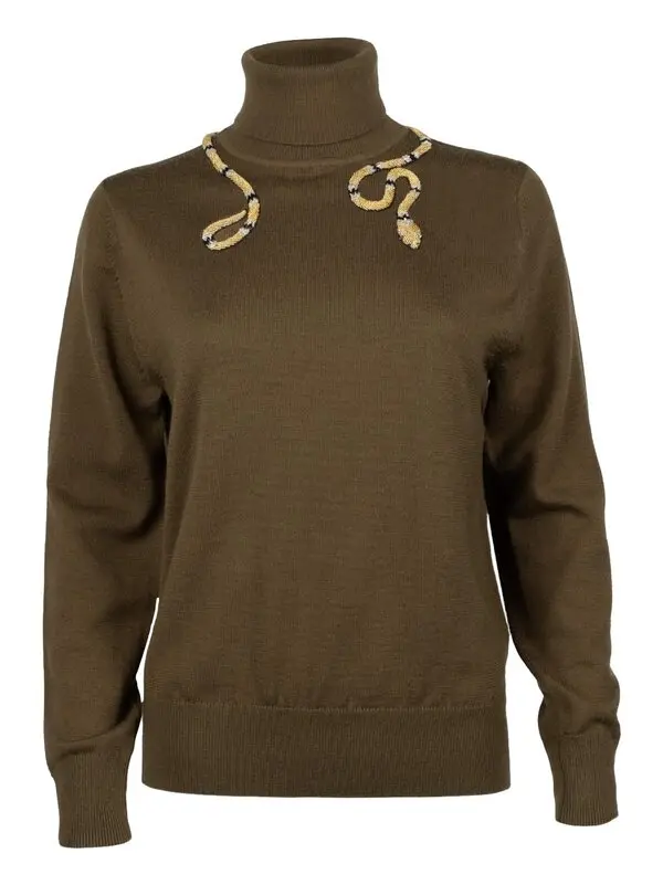 HOUSE OF LAINES LONDON Laines Couture Wrap Gold Snake Embellished Knitted Roll Neck Jumper Khaki - Green