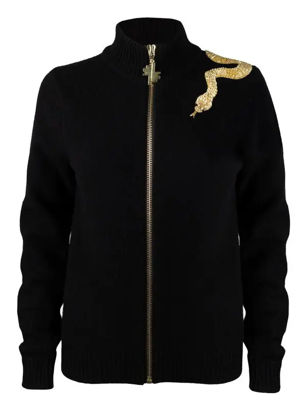 HOUSE OF LAINES LONDON Black / Gold Laines Couture Black Cashmere-wool Zip Cardigan With Hand-embellished Gold Shoulder Snake - Black/gold